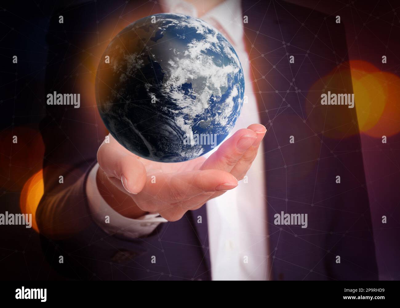 World in our hands. Woman holding digital model of Earth, closeup view ...