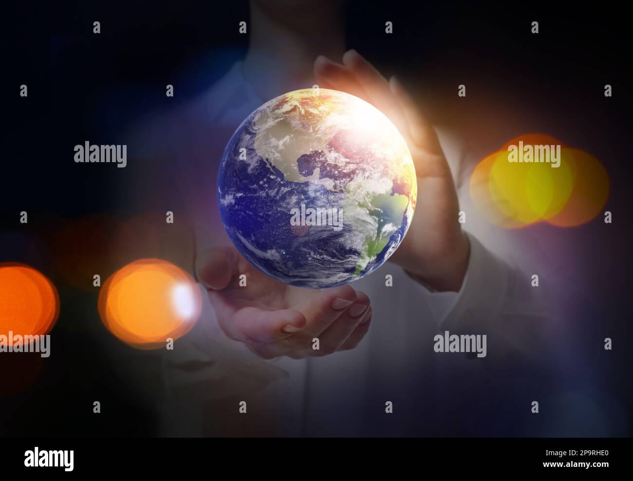 World in our hands. Woman holding digital model of Earth, closeup view ...