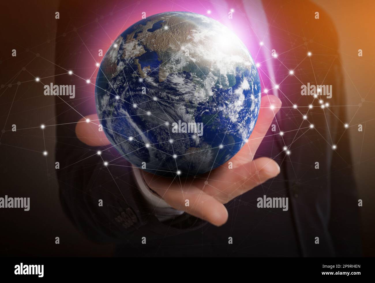 World in our hands. Man holding digital model of Earth, closeup view ...