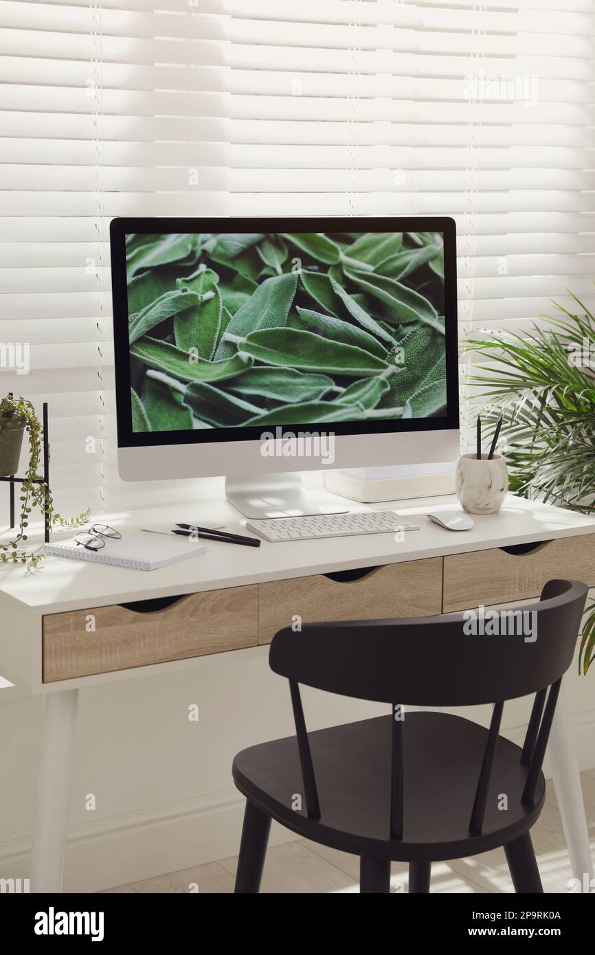 Comfortable workplace with modern computer and green plant in room ...