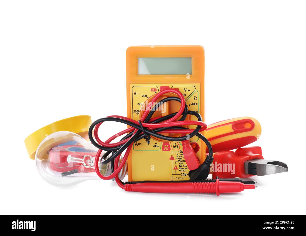 Set of electrician's tools and accessories on white background Stock ...