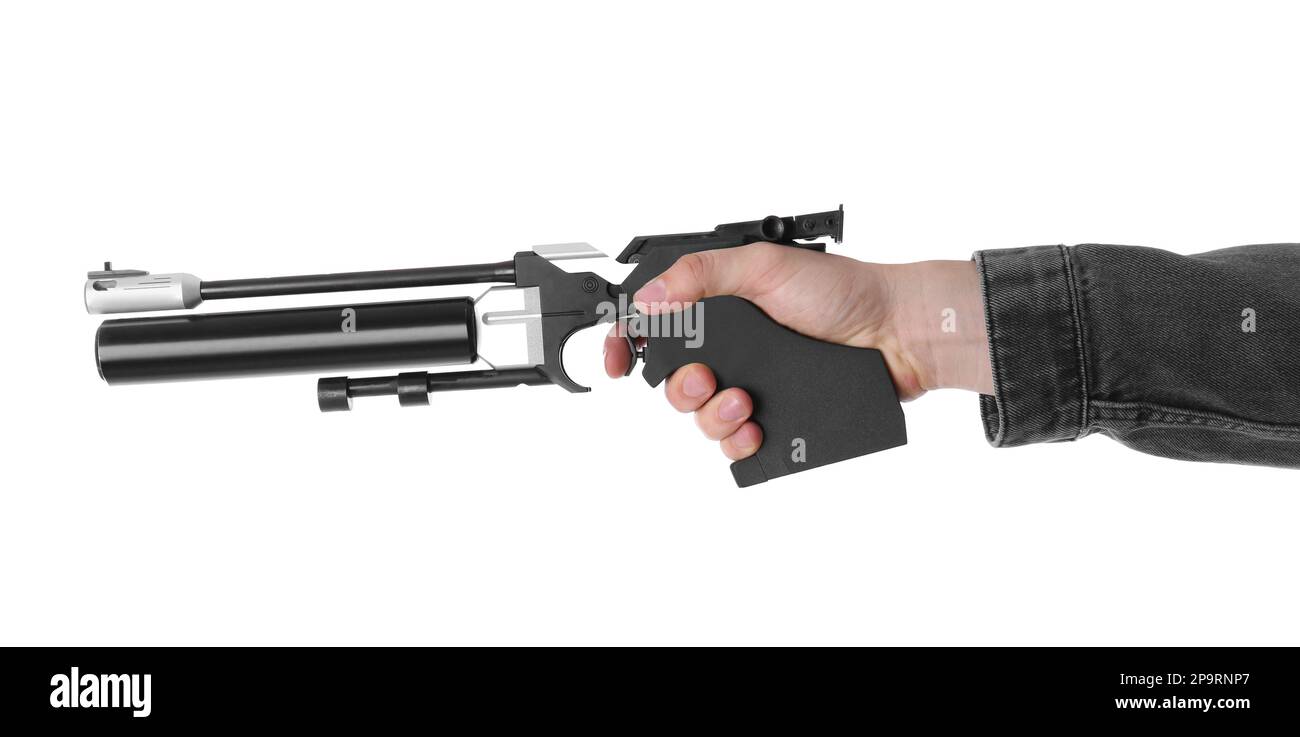 Gun shooting sport. Man aiming standard pistol on white background ...
