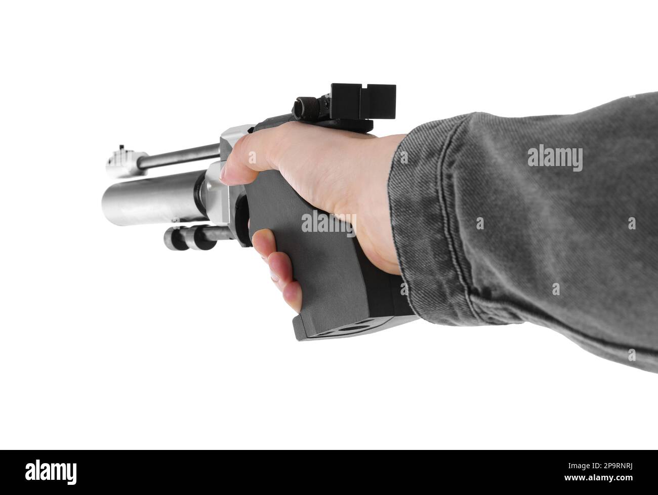 Gun shooting sport. Man aiming standard pistol on white background ...