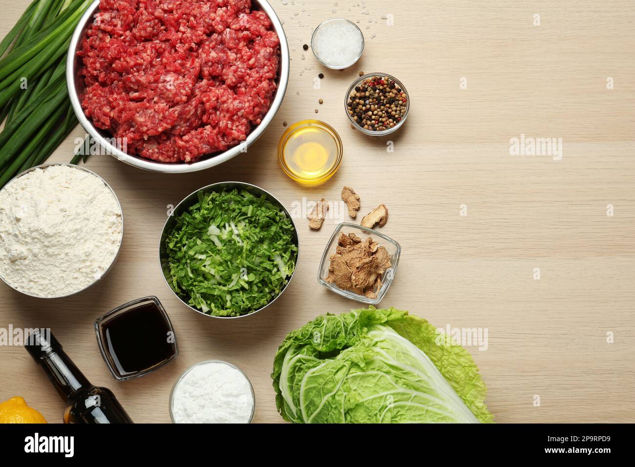 Flat lay composition with gyoza ingredients on wooden table, space for ...