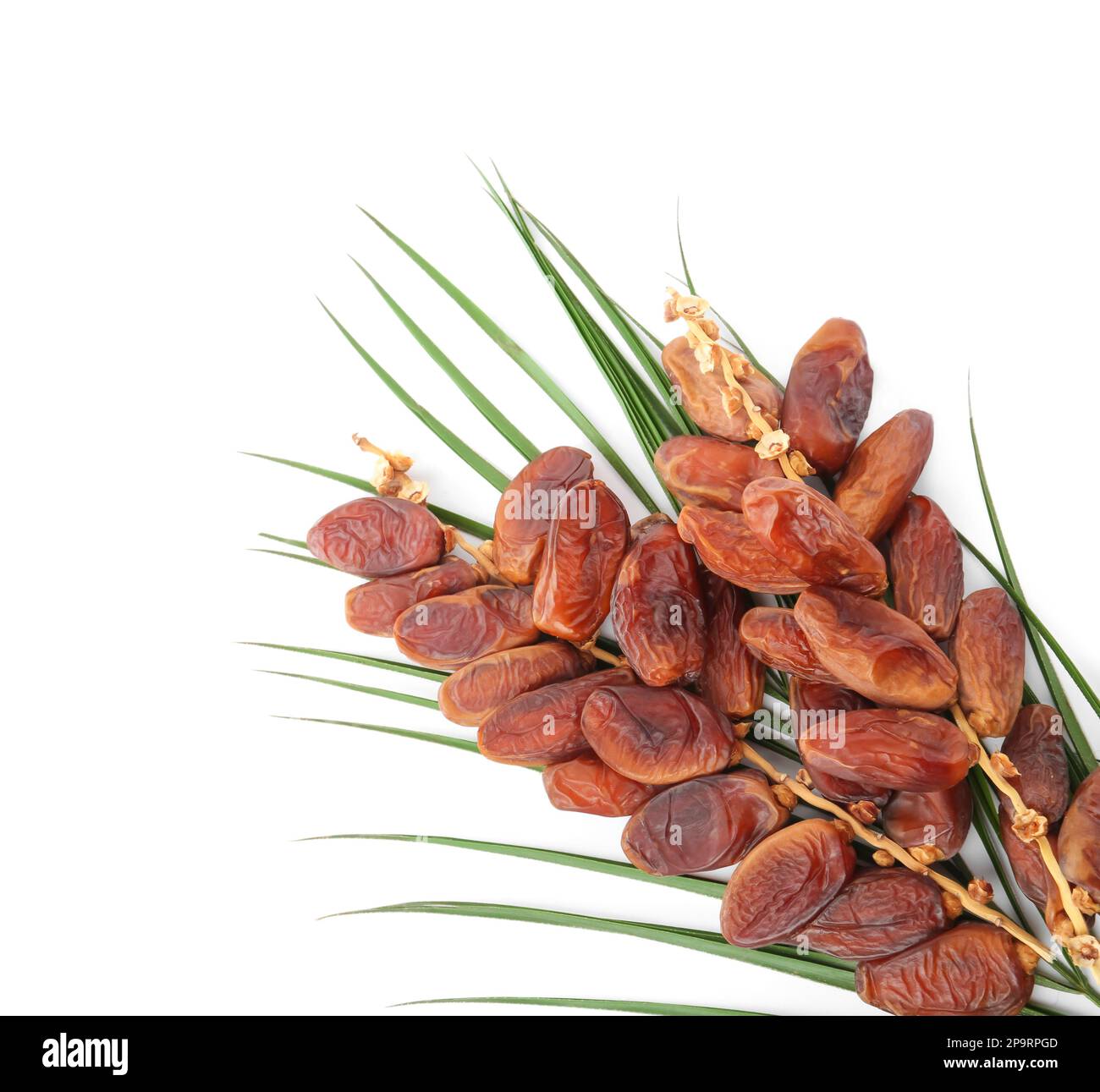 Sweet dates on branches and green leaves against white background, top ...