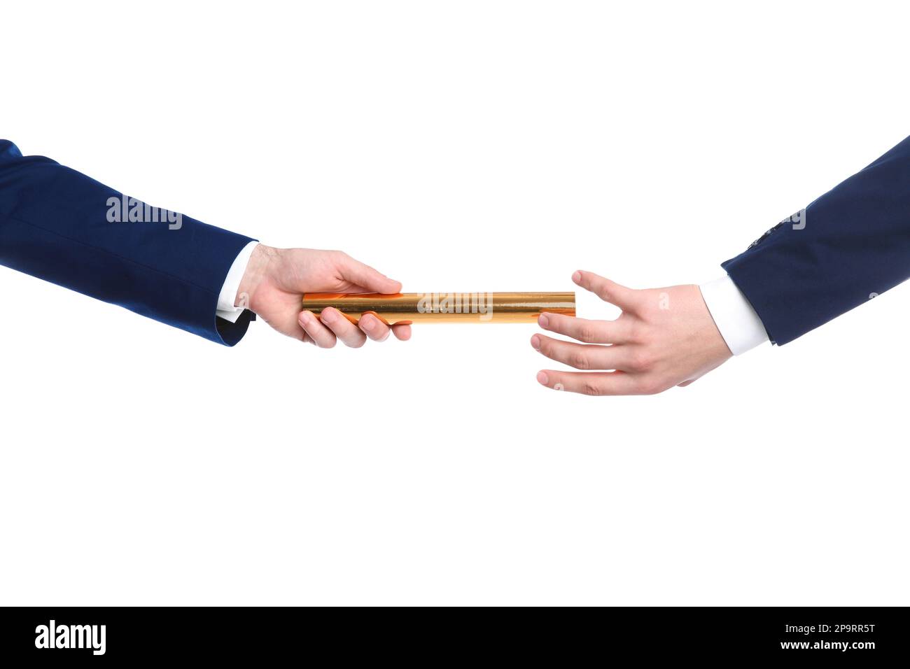 Businessman passing baton to his partner on white background, closeup ...