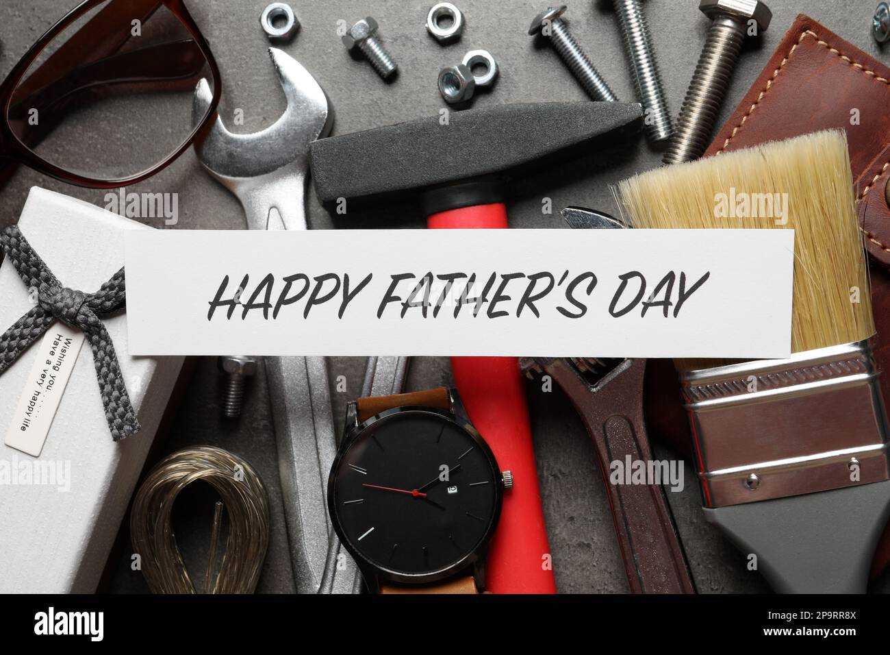 Card with phrase HAPPY FATHER'S DAY, different tools and male ...