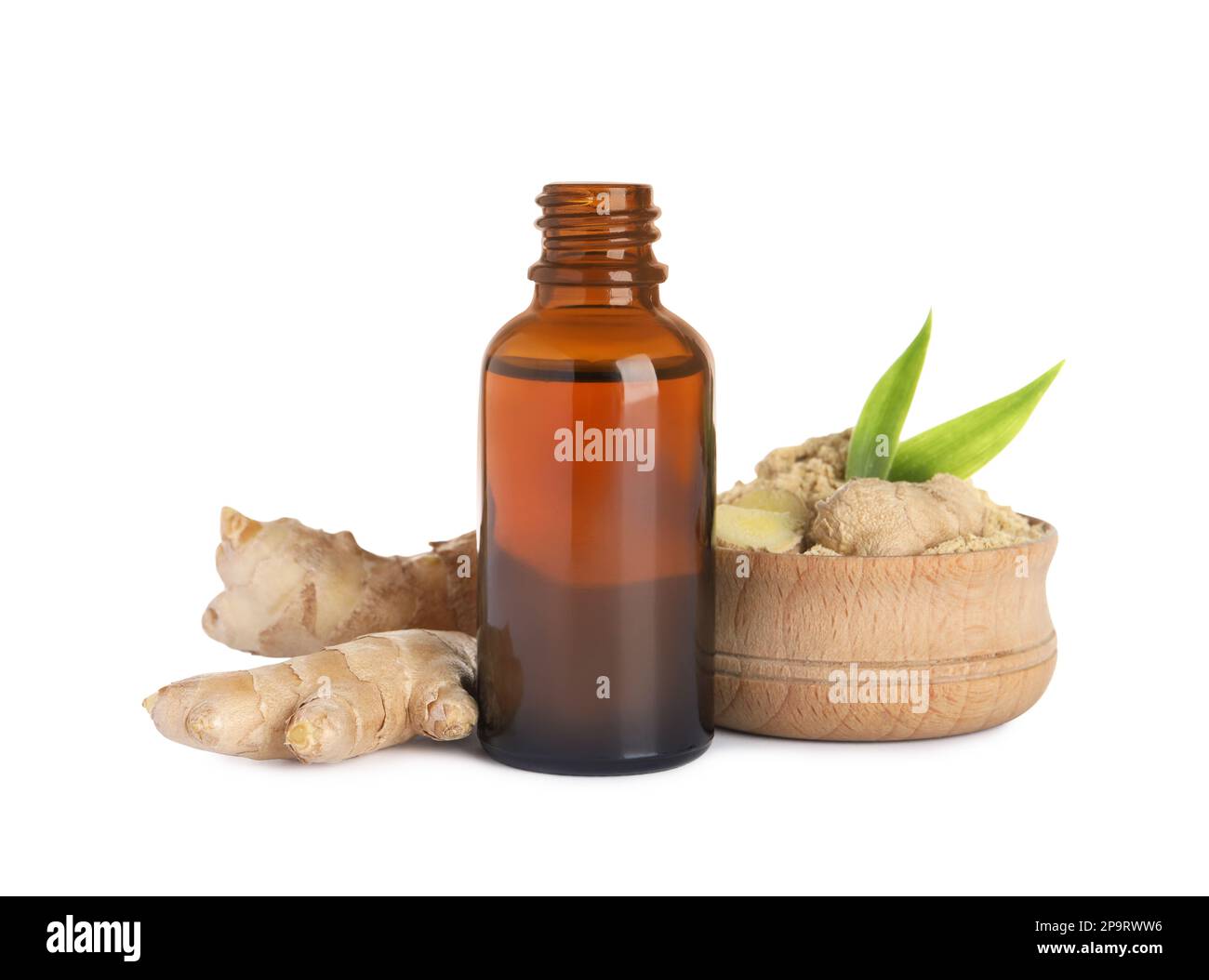 Glass bottle of essential oil and ginger root on white background Stock ...
