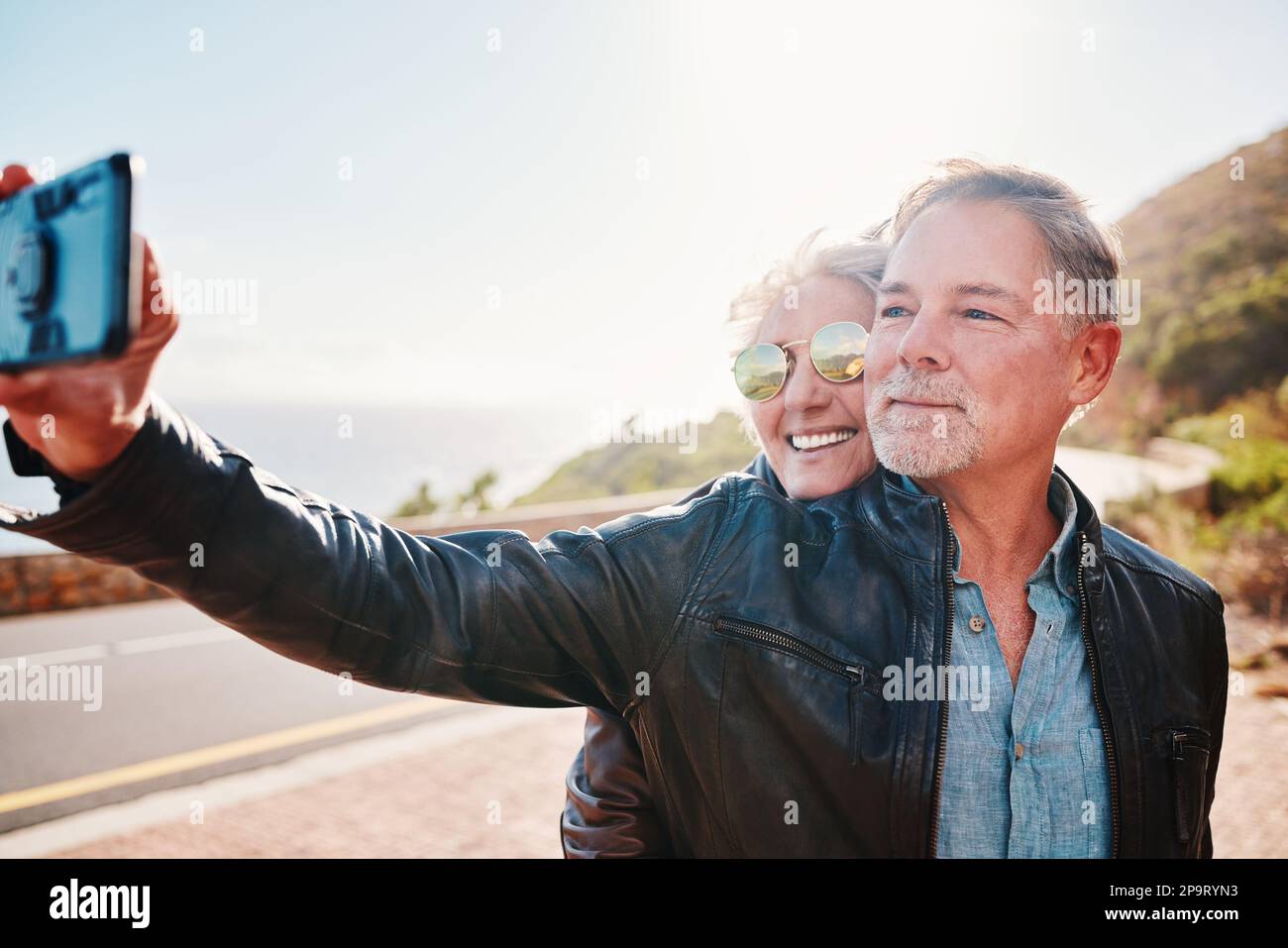 Senior biker couple, road trip selfie and smile with sunglasses, love ...
