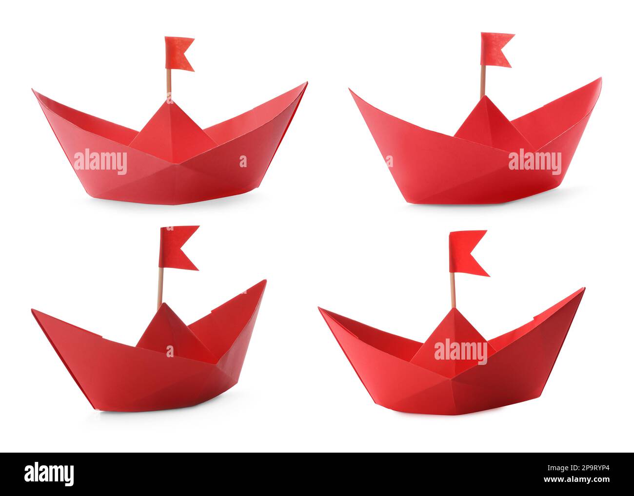 Red paper boats with flags on white background, collage Stock Photo - Alamy