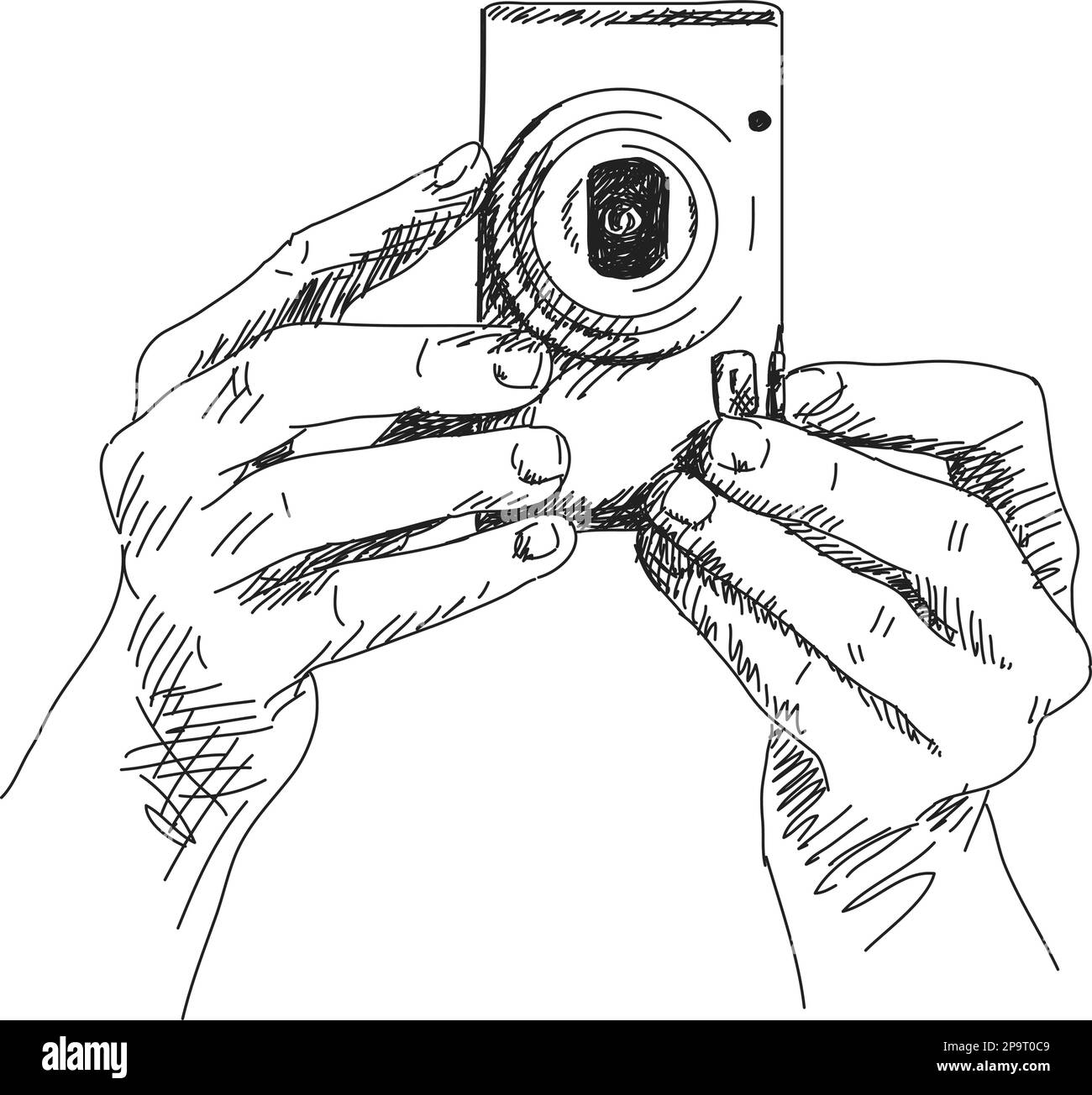 Sketch of hands holding compact photo camera, Hand drawn illustration ...