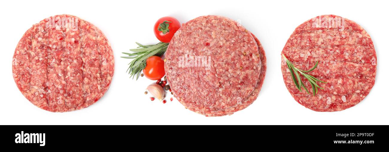Set with fresh raw burger patties on white background, top view. Banner ...
