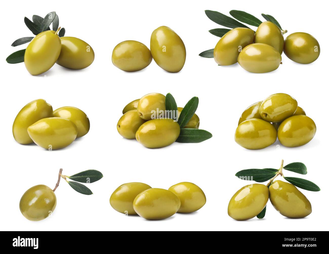 Set with fresh green olives on white background Stock Photo - Alamy