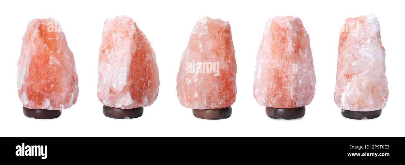 Set with pink Himalayan salt lamps on white background. Banner design ...