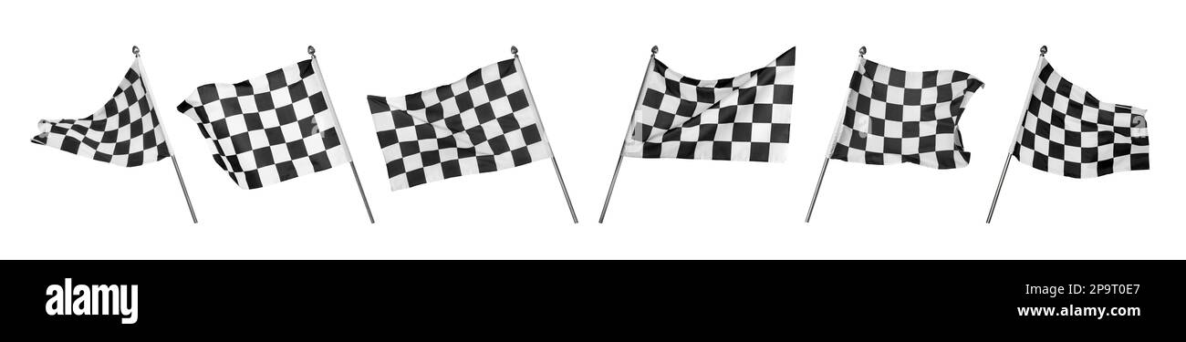Checkered racing finish flags on white background, collage. Banner design Stock Photo - Alamy
