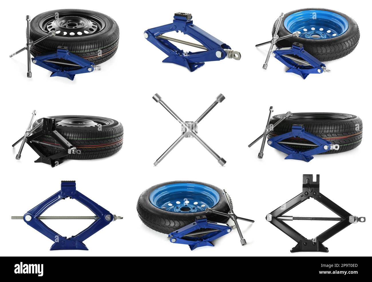 Set with scissor jacks, cross torque wrenches and wheels on white ...