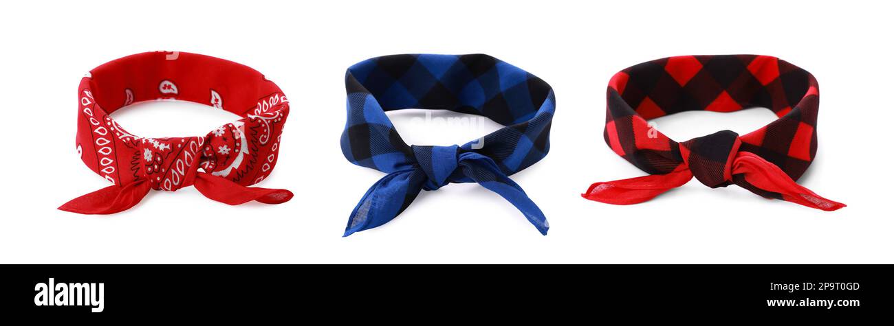 Set with different bandanas on white background. Banner design Stock ...