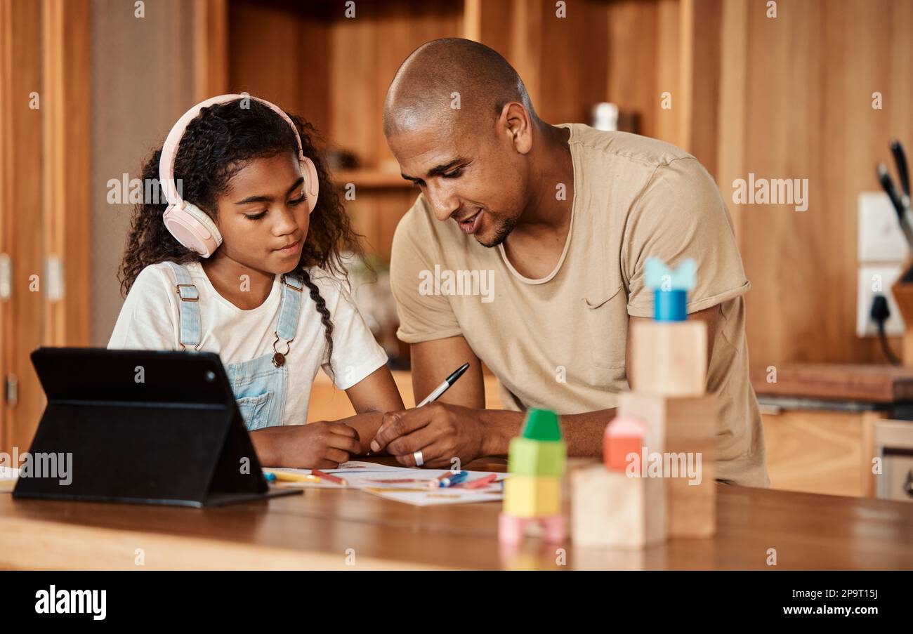 Tablet, home education and father with kid for translation, language ...