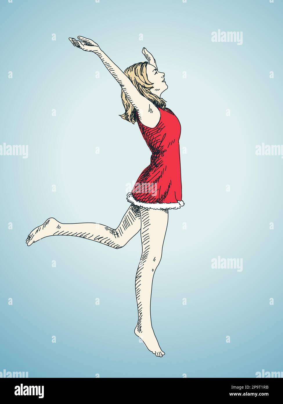 Sketch of Jumping woman in Christmas dress Hand drawn illustration ...