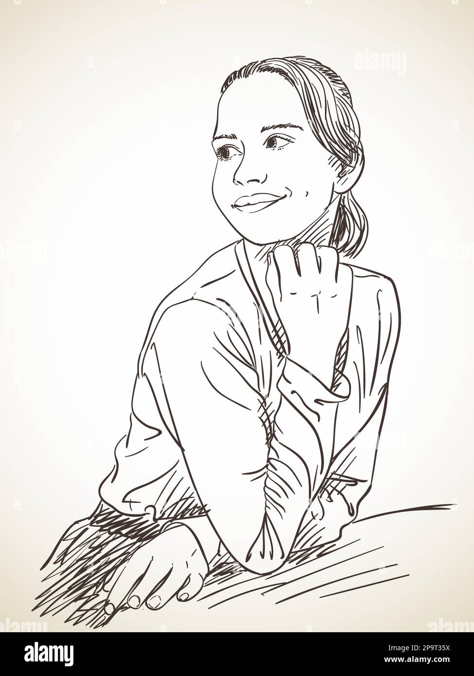 Smiling young girl looking aside, Vector sketch, Hand drawn ...