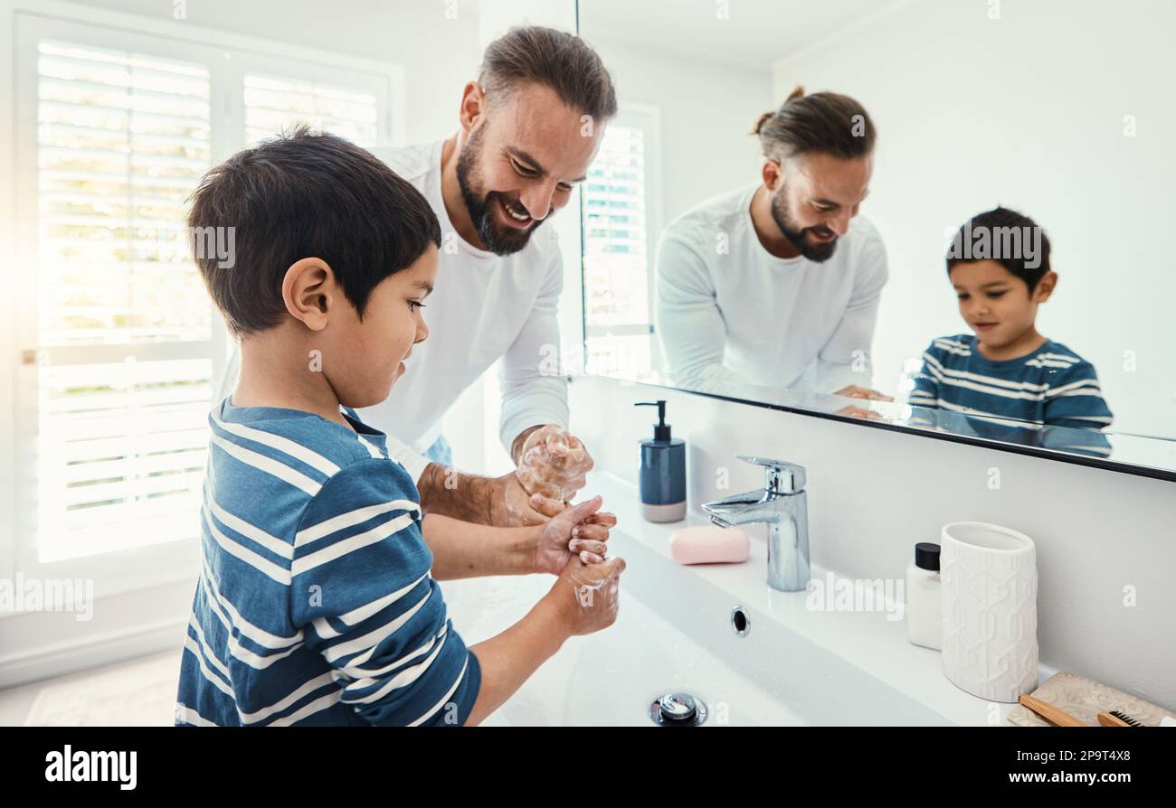 Cleaning, washing hands and father with boy in bathroom for hygiene ...