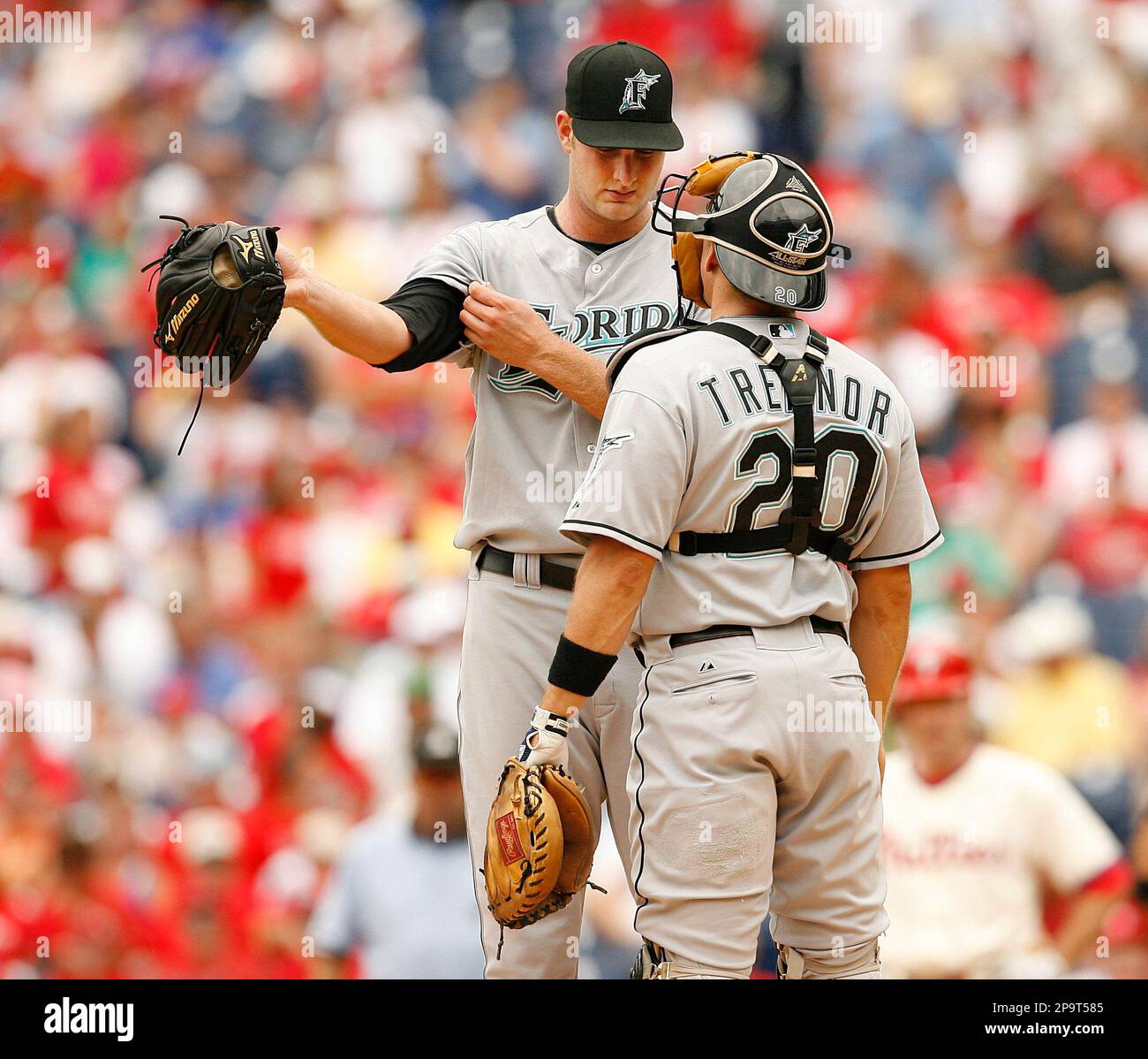 Florida Marlins' Chris Volstad, left, and Matt Treanor, talk on the ...
