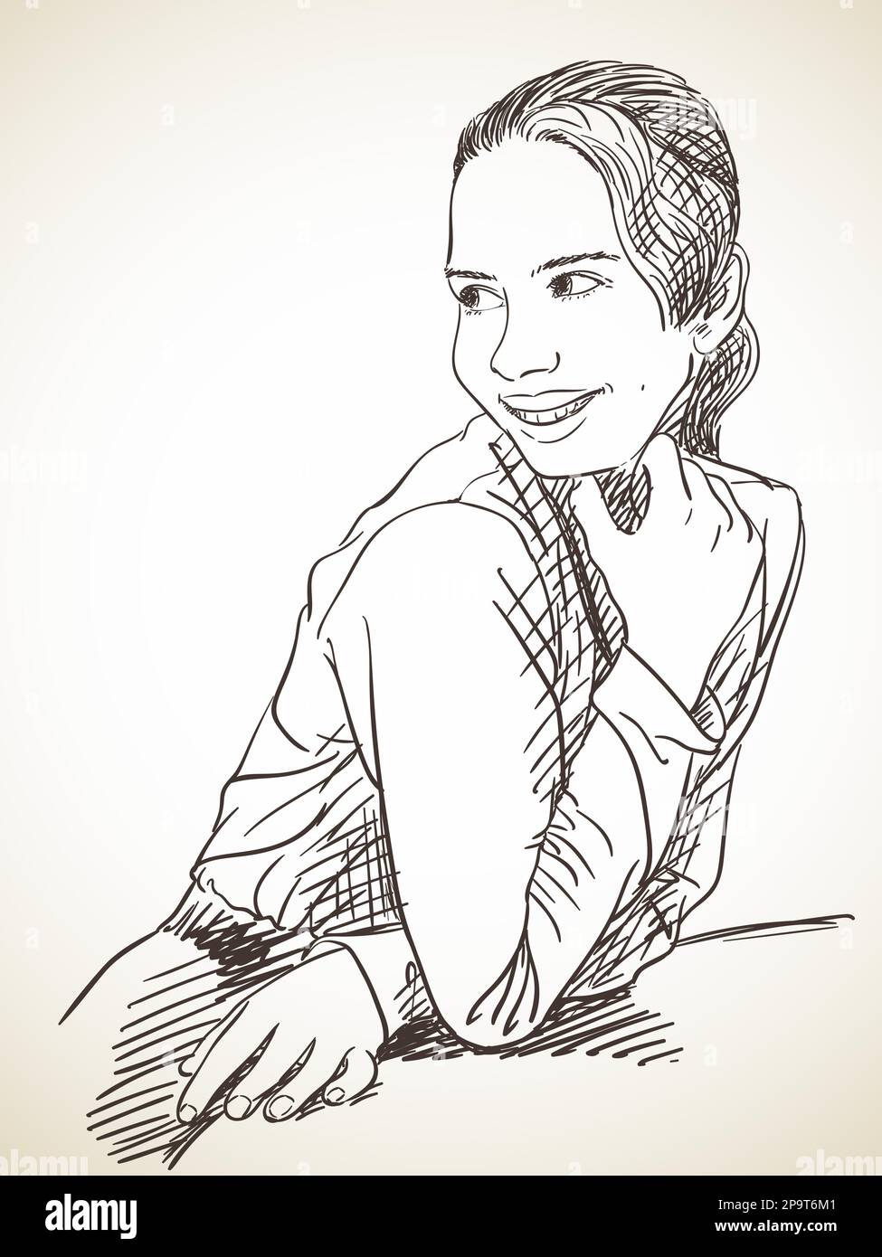 Smiling young girl looking aside, Vector sketch, Hand drawn ...