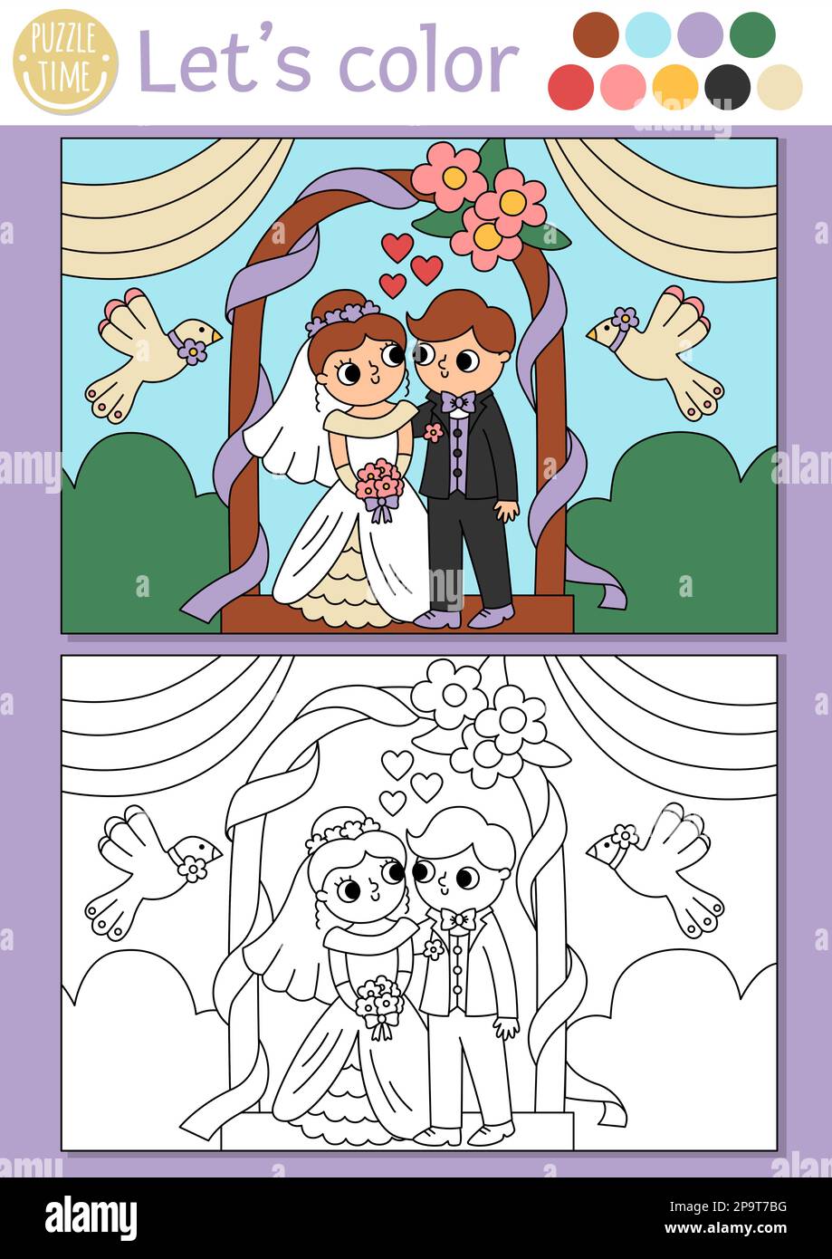 Wedding coloring page for children with cute just married couple under ...