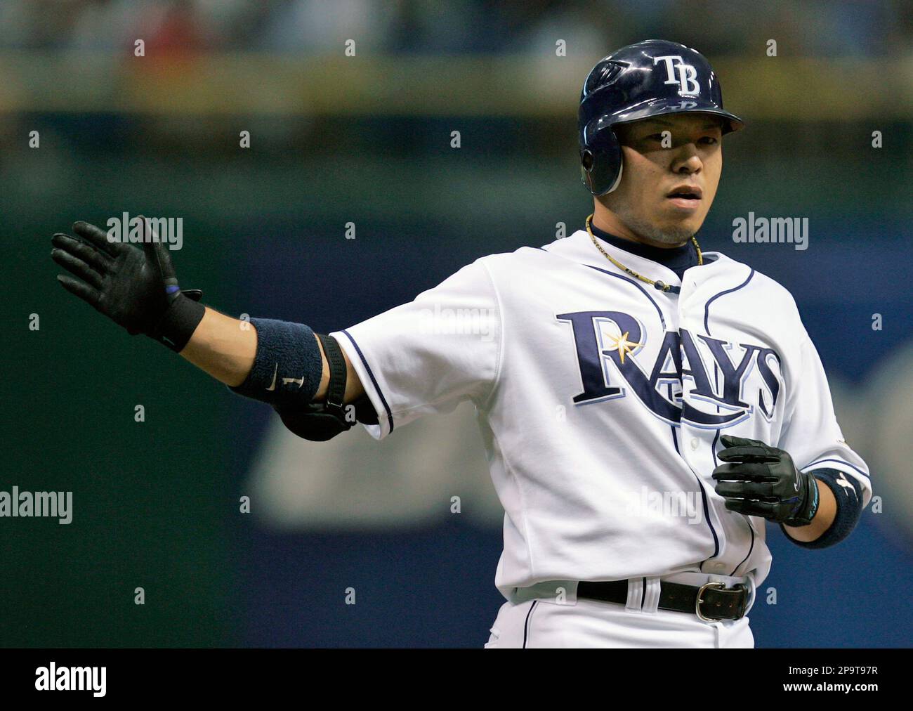 Tampa Bay Rays' Akinori Iwamura, of Japan, reacts after a first-inning ...