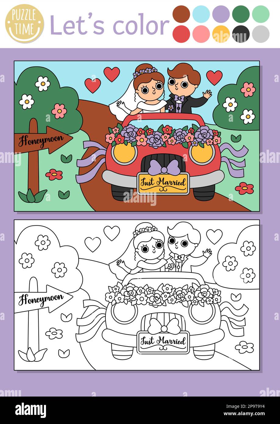 Wedding coloring page for children with cute just married couple going ...