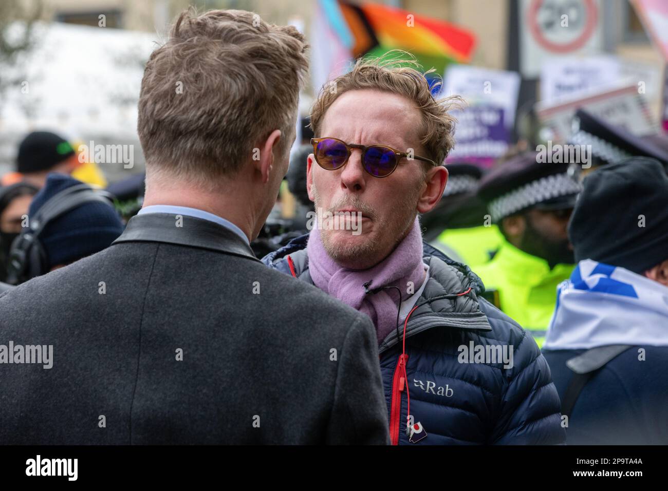 London, UK. 10th March, 2023. Laurence Fox (r), actor and leader of the ...
