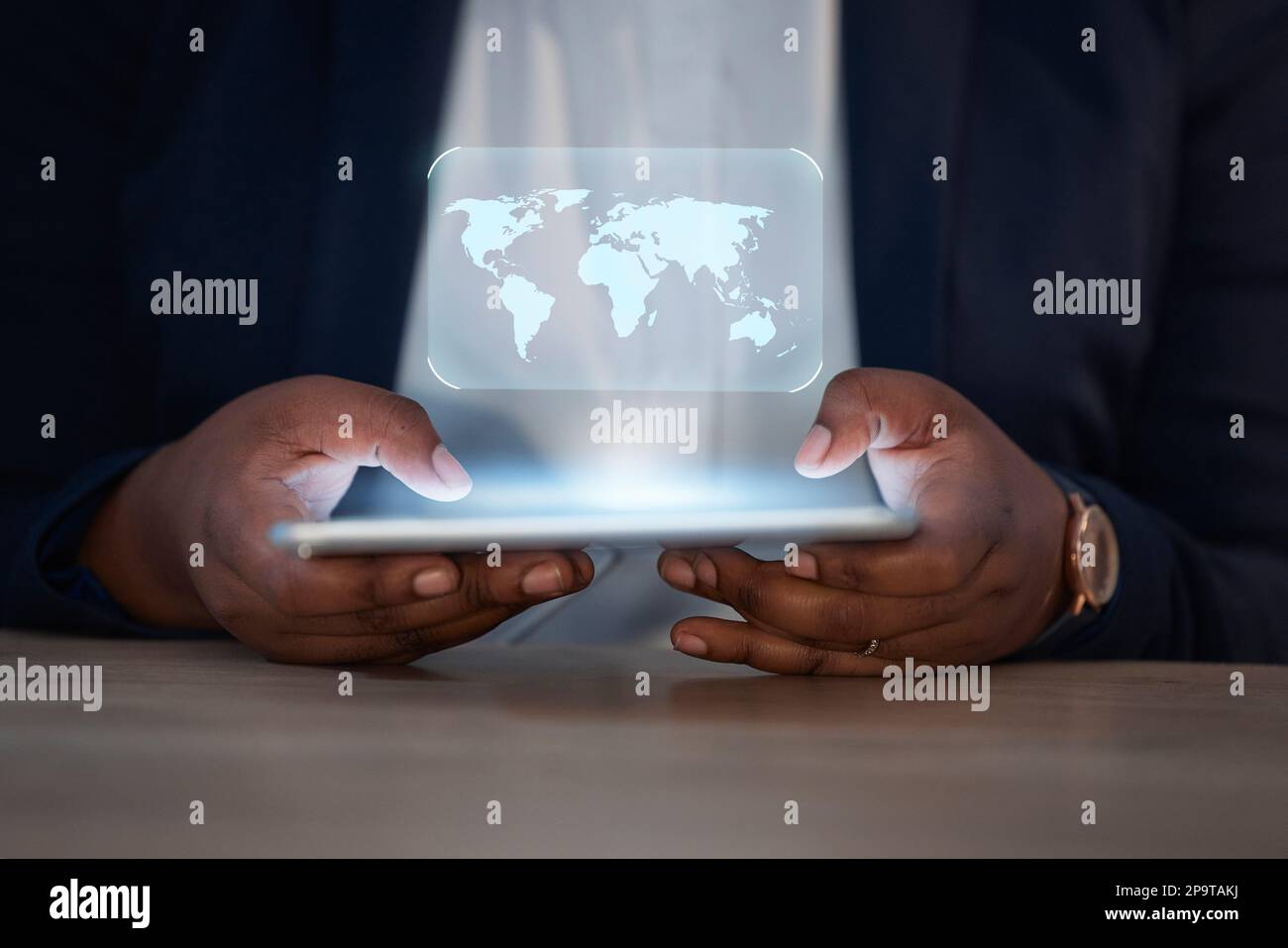 Map hologram, tablet and business hands for global networking ... Map hologram, tablet and business hands for global networking ...