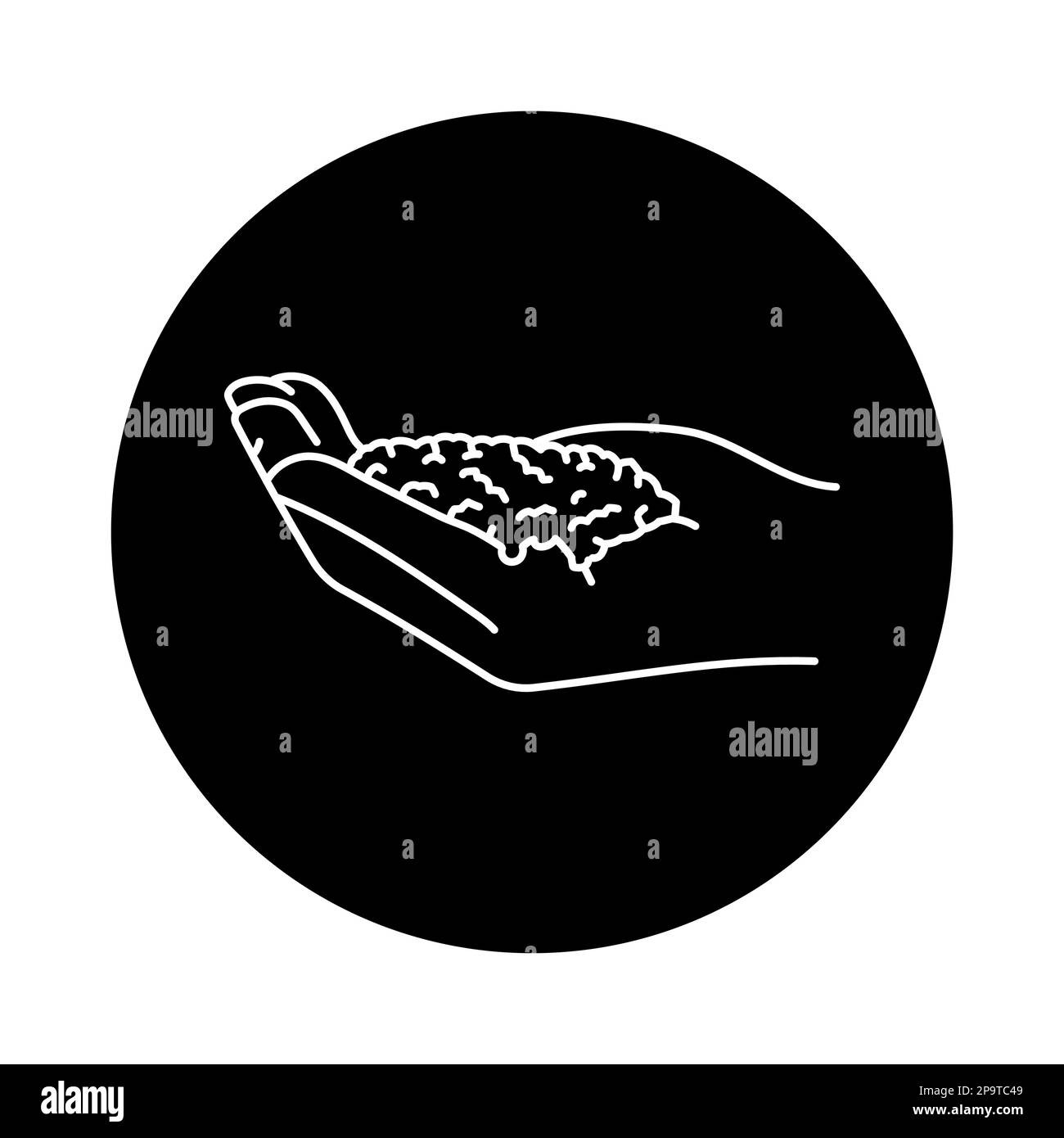 Hand holding polymer granules black line icon. Ecology pollution ...