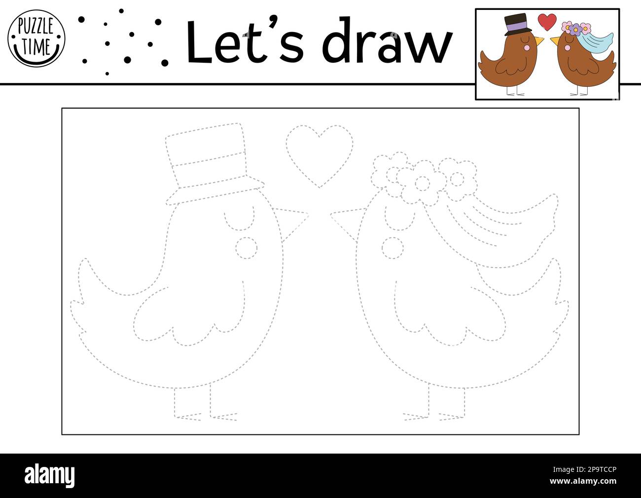 Wedding tracing worksheet with cute birds bride and groom. Trace the ...