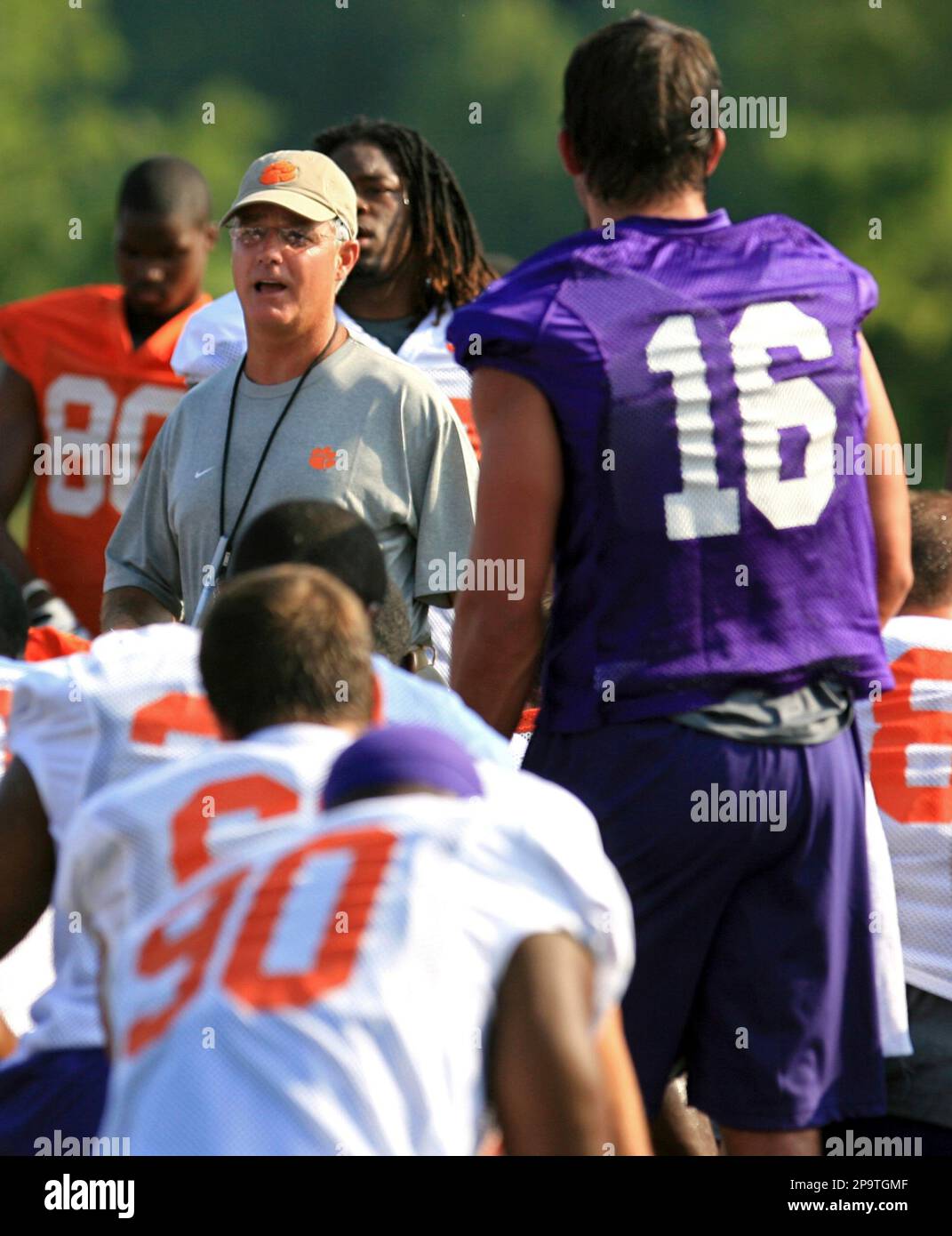 Clemson football coach Tommy Bowden, center, talks to his team during ...
