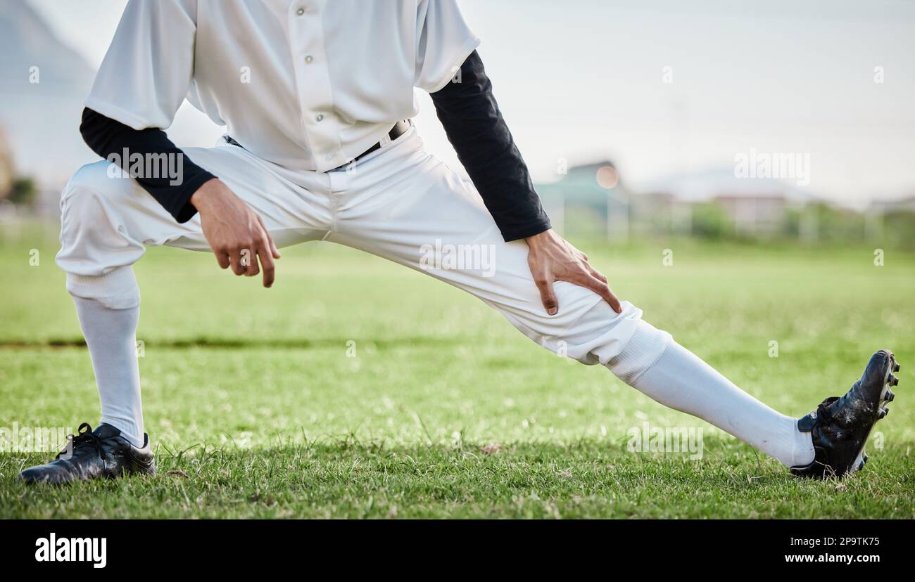 Baseball stadium, stretching legs or athlete on field ready for ...
