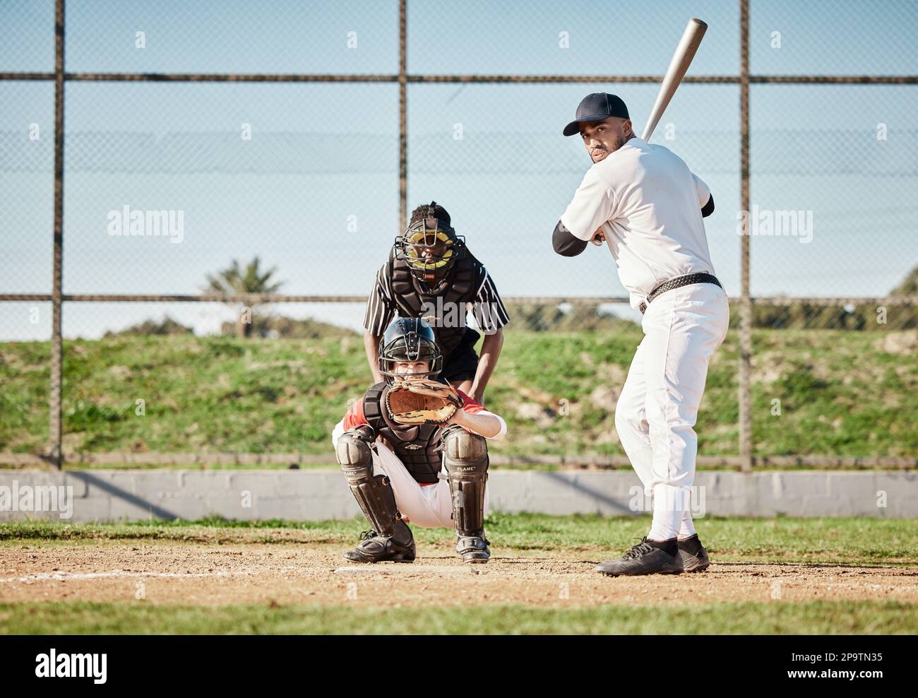 Baseball, bat and concentration with a sports man outdoor, playing a ...