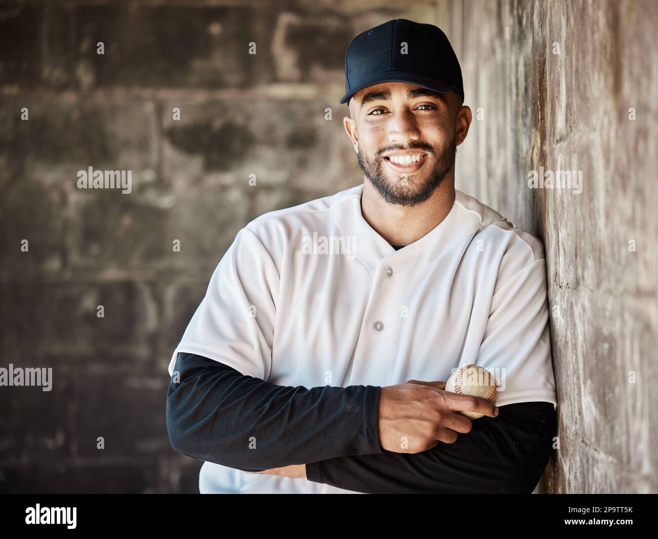 Wall background, baseball and portrait of man with ball ready for game ...