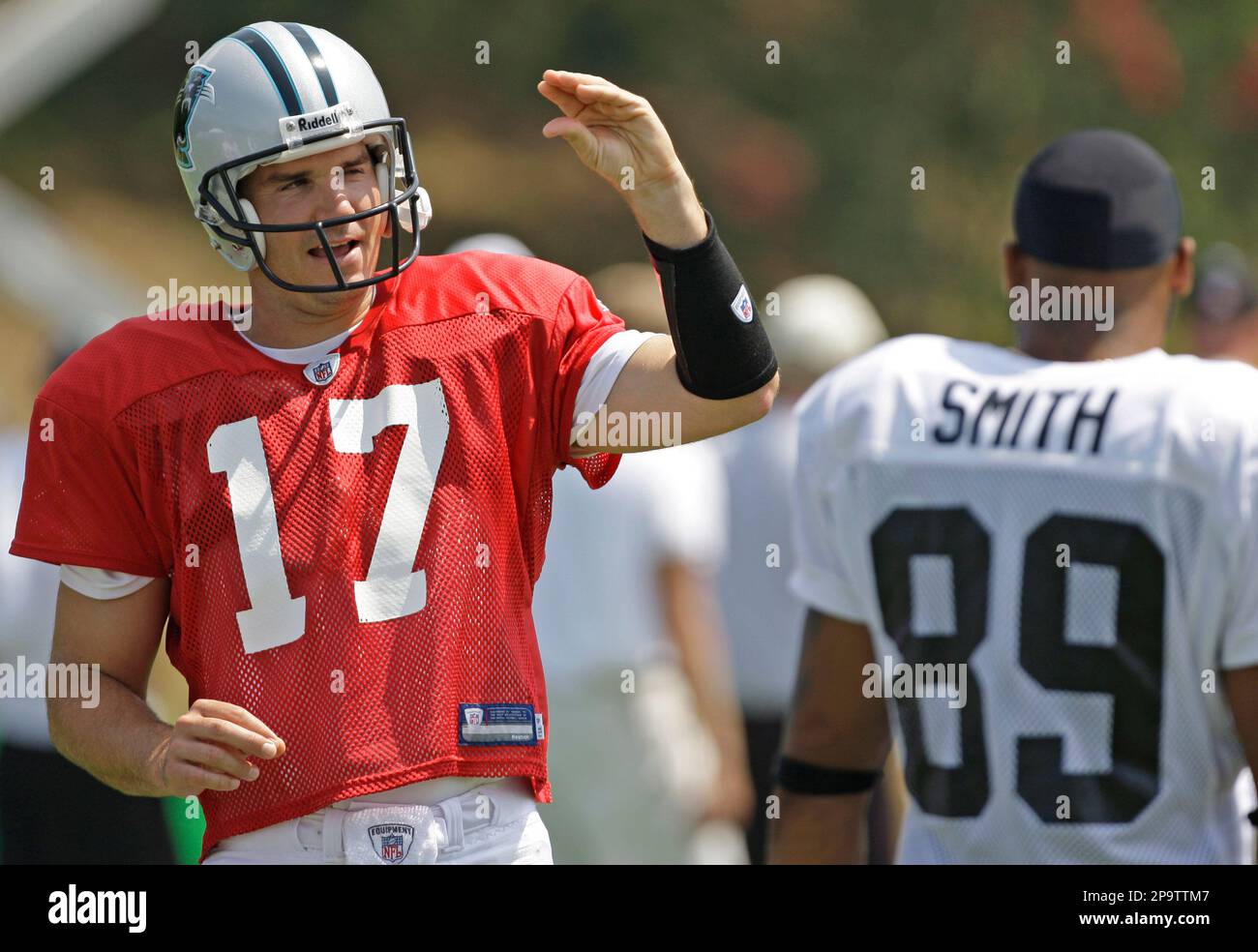 Carolina Panthers quarterback Jake Delhomme (17) talks with receiver ...