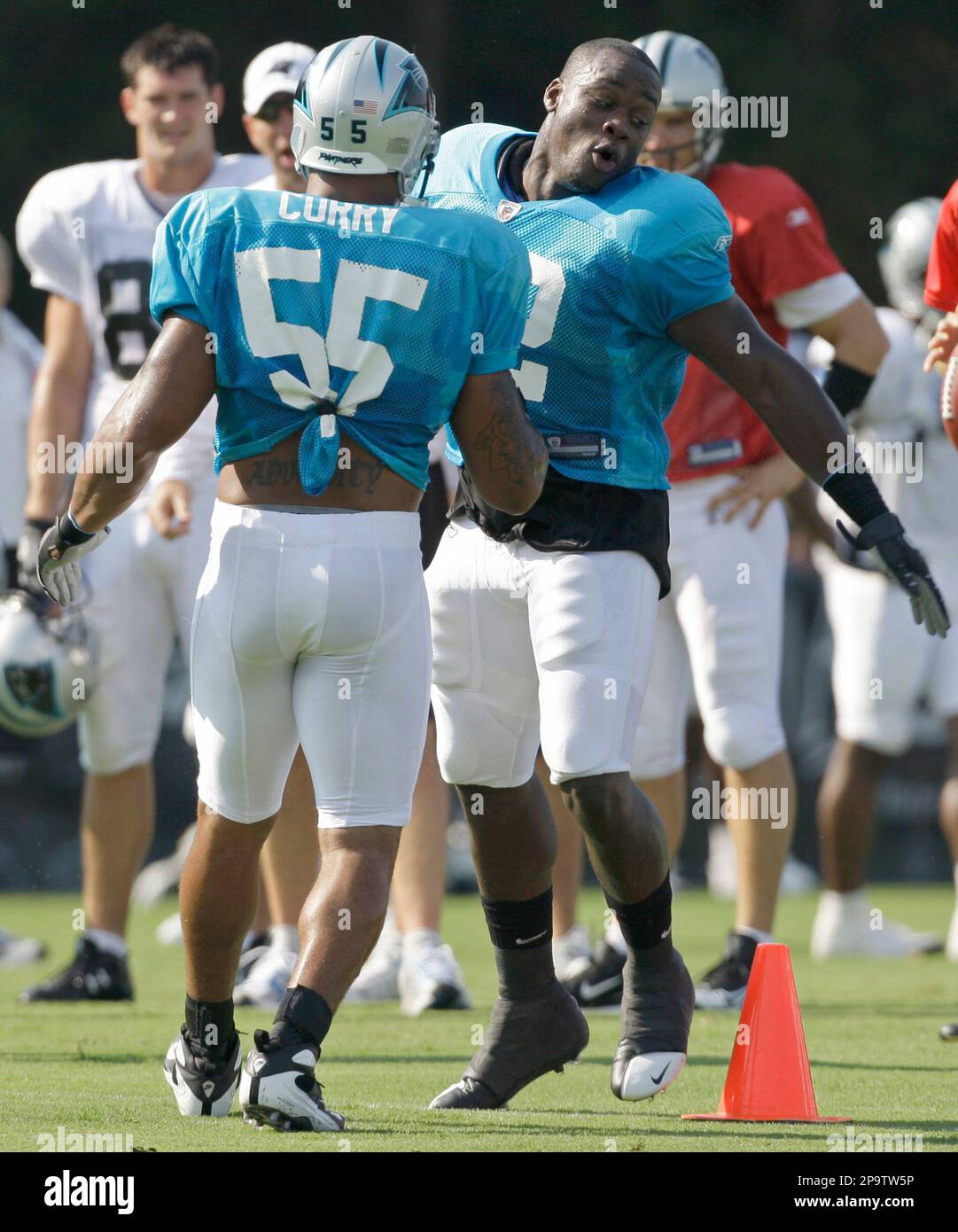 Carolina Panthers' Jon Beason, right, congratulates teammate Donte ...