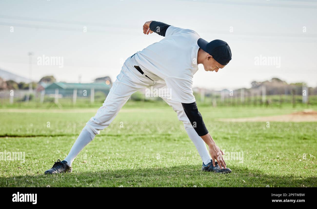 Baseball stadium, stretching legs or man on field ready for training ...