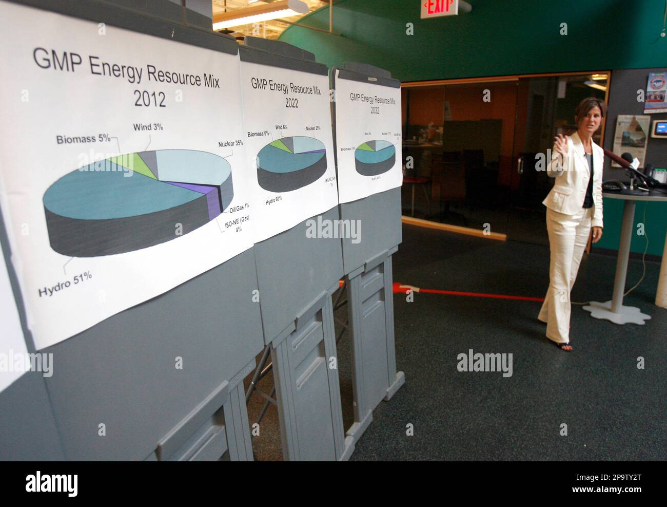 Incoming Green Mountain Power CEO Mary Powell points to charts in ...