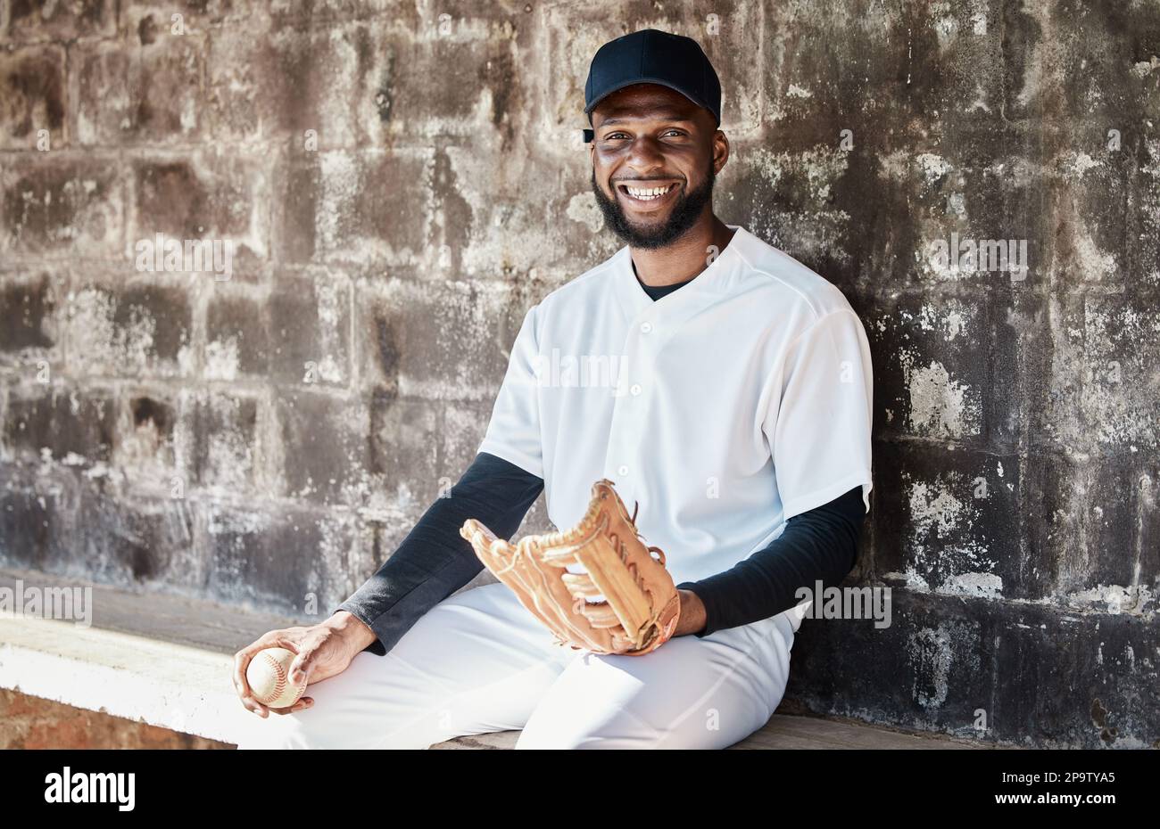 Black man, baseball or catch glove portrait on sports, stadium or arena ...