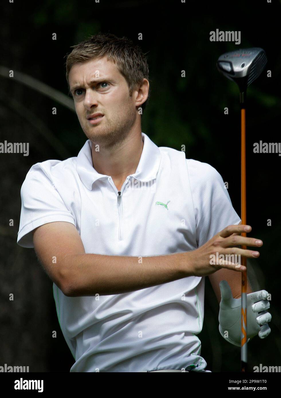Jamie Moul, of England, watches his drive at the 12th hole during the ...