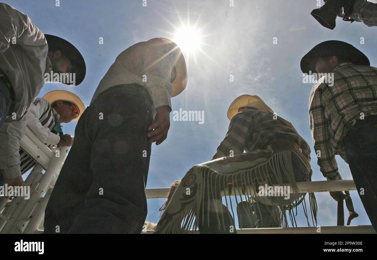 Rodeo cowboys stand behind chutes during a bronc riding competition at ...