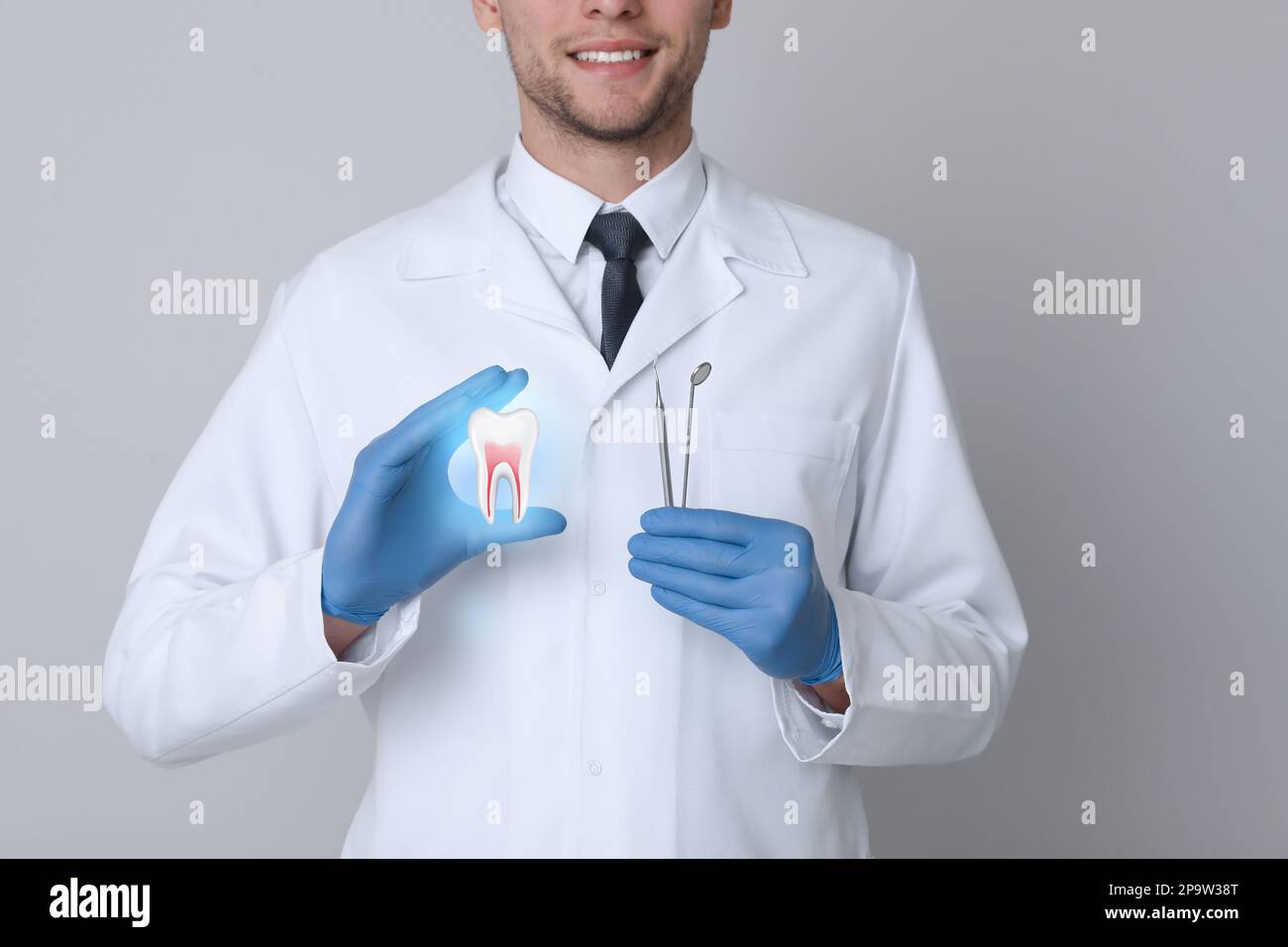 Dentist showing virtual model of tooth on light grey background ...