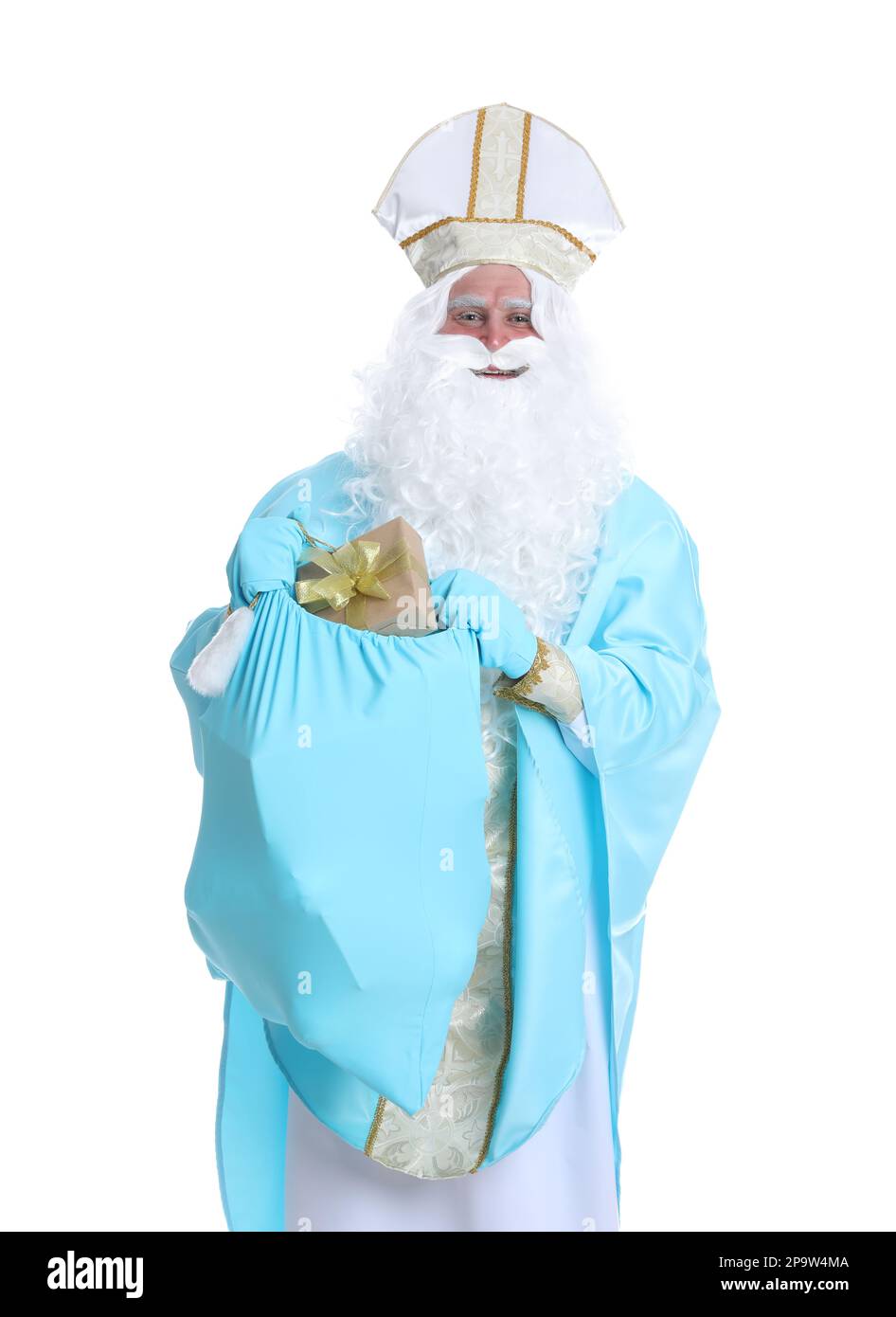 Portrait of Saint Nicholas holding sack with presents on white ...