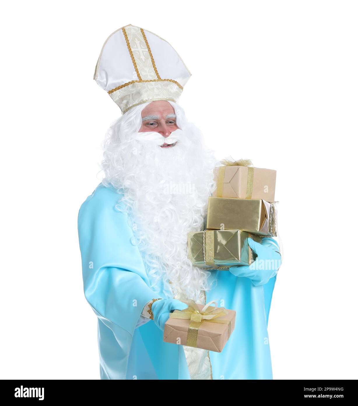 Portrait of Saint Nicholas with presents on white background Stock ...
