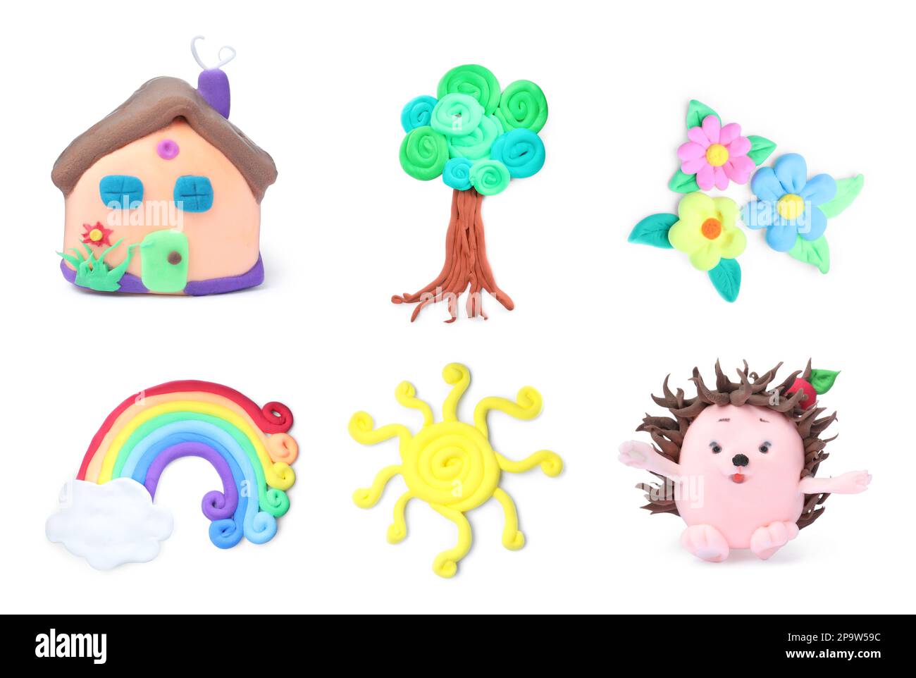 Different objects made from playdough on white background, collage ...