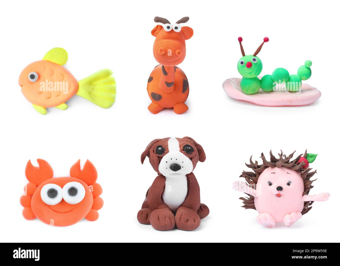 Different animals made from playdough on white background, collage ...